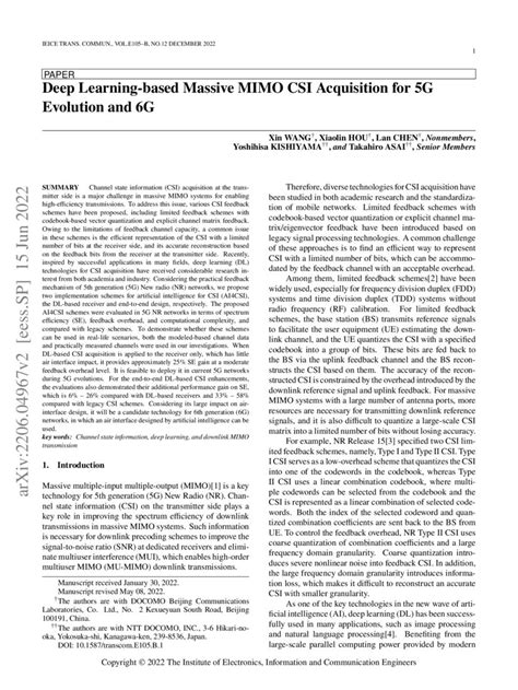 Deep Learning Based Massive Mimo Csi Acquisition For 5g Evolution And 6g Deepai