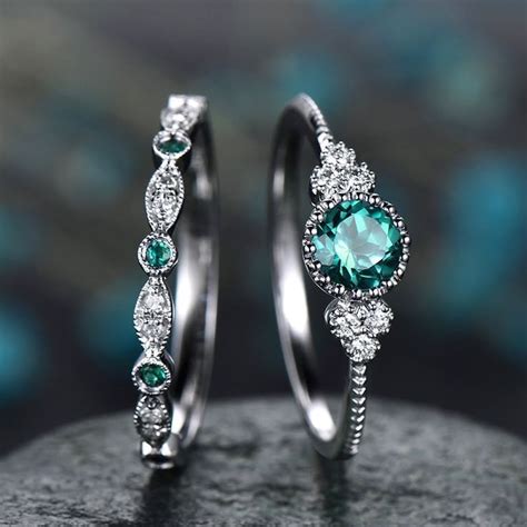 2pcs Sparkling 925 Solid Sterling Silver Natural Gemstone Ring Set
