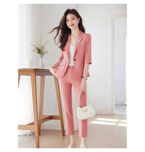 여자모던 정장 바지 여름 오피스룩 칠부소매 얇은 팬츠 투피스 슈트 재킷슬림 한 세트 하늘빛2 티몬