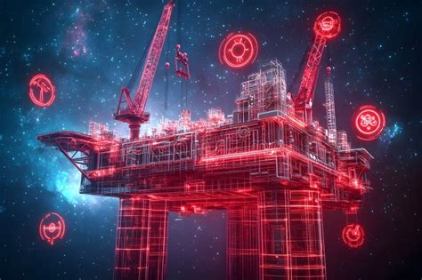 Futuristic Neon Lit Offshore Oil Rig Blueprint Floating In Starry