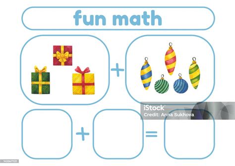 크리스마스 활동 페이지 아이들을위한 시트 새해 선물로 산술 과제 아이에게 카운트를 가르치기위한 게임 숫자 학습을위한 연습 미취학 아동을위한 수학적 예 0명에 대한 스톡 벡터