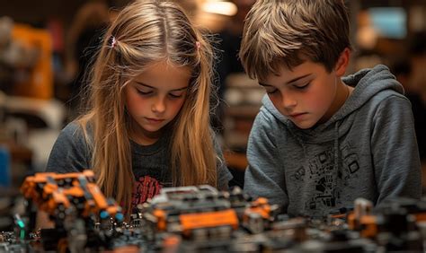 Two Classmates Working Together On Circuit Board Building Robot In Afterschool Robotics Club