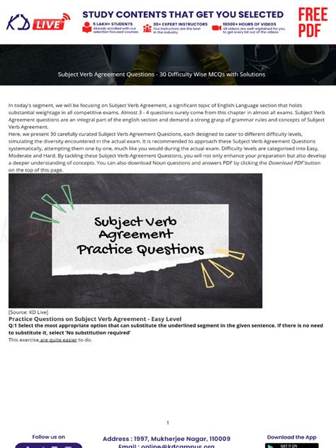 subject verb agreement questions 30 difficulty wise mcqs with solutions pdf