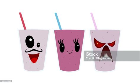 흰색 배경에 여러 가지 빛깔의 튜브와 투명 안경에 다른 맛과 만화 캐릭터 밀크 쉐이크 과일에 대한 스톡 벡터 아트 및 기타 이미지 과일 귀여운 날카로운 Istock