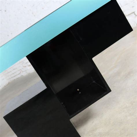 Modern Zig Zag Stepped Plexiglass Clad Console Table Credenza In Black And Teal For Sale At