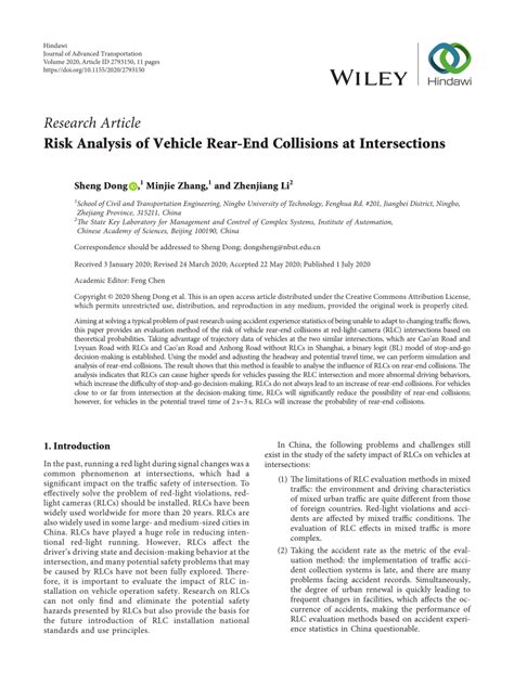 Pdf Risk Analysis Of Vehicle Rear End Collisions At Intersections