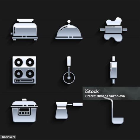 피자 나이프 커피 터크 키친 국자 롤링 핀 슬로우 쿠커 가스 스토브 반죽과 토스터 아이콘을 설정합니다 벡터 가열장치에 대한 스톡 벡터 아트 및 기타 이미지 Istock