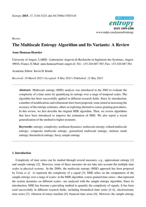 Pdf The Multiscale Entropy Algorithm And Its Variants A Review
