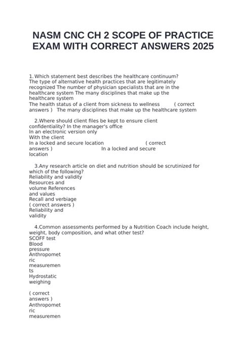 NASM CNC CH 2 SCOPE OF PRACTICE EXAM WITH CORRECT ANSWERS 2025 NASM CNC CH 2 SCOPE OF PRACTICE