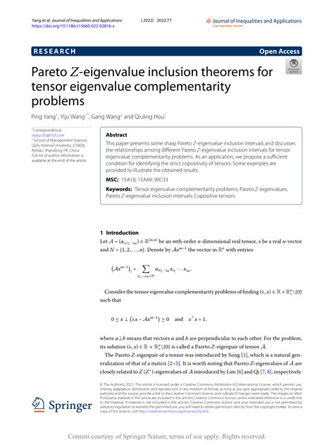 Pdf Pareto Z Eigenvalue Inclusion Theorems For Tensor Eigenvalue Complementarity Problems