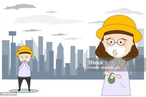 남자와 여자는 도시에서 대기오염을 방지 하기 위해 마스크를 착용 하십시오 먼지 연기 및 냄새 등 개념 평면 스타일 벡터 일러스트 레이 션 환경 영향eps 10 거리에 대한