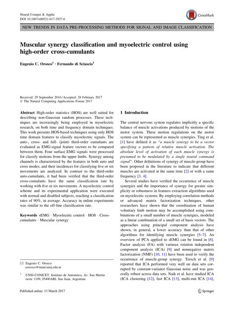 Pdf Muscular Synergy Classification And Myoelectric Control Using High Order Cross Cumulants