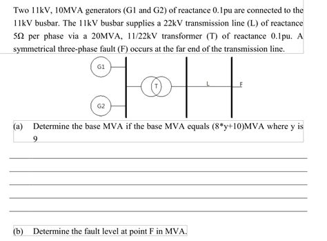 Two Kv Mva Generators G And G Of Reactance Pu Are Connected To The Kv Busbar The Kv