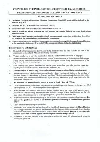 ICSE Timetable March With Instructions Pdf