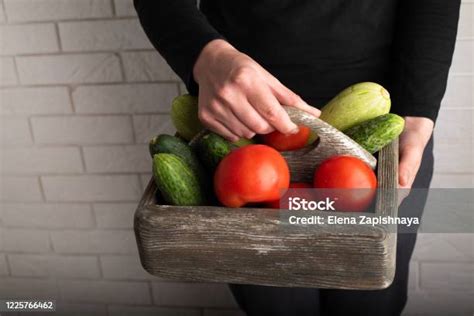 기부 음식이있는 나무 상자를 들고있는 여성 상자에 토마토 호박 오이 건강한 영양 개념 가정 생활에 대한 스톡 사진 및 기타 이미지 Istock