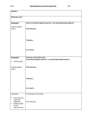 Edexcel A Level Business 10 Marker Structure Plan Teaching Resources