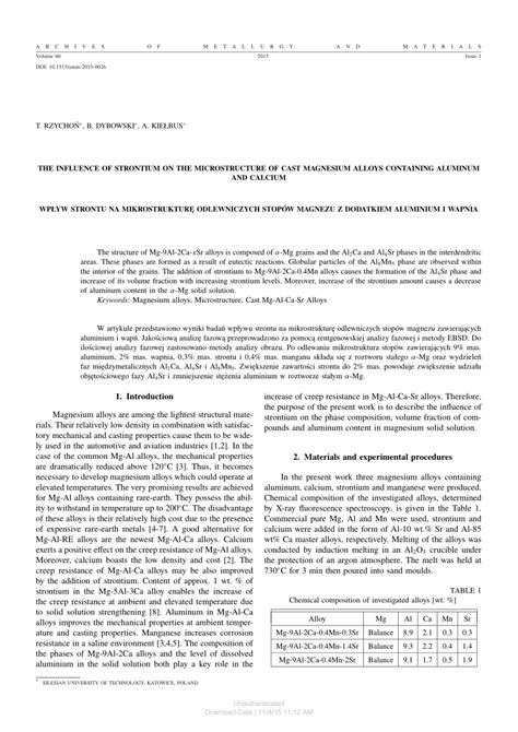 Pdf The Influence Of Strontium On The Microstructure Of Cast Magnesium Alloys Containing