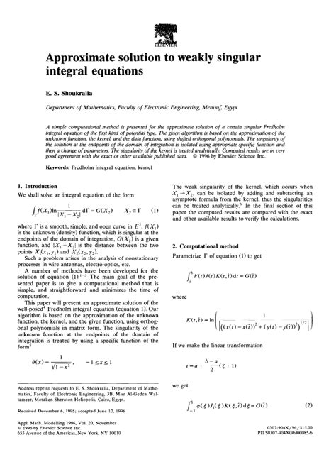 Pdf Approximate Solution To Weakly Singular Integral Equations
