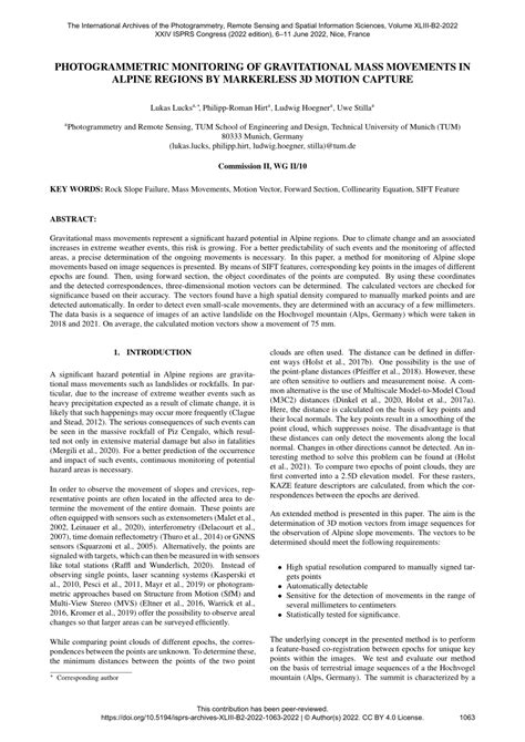Pdf Photogrammetric Monitoring Of Gravitational Mass Movements In Alpine Regions By Markerless