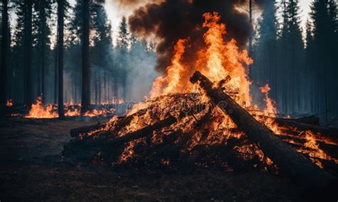 Forest Fire In The Forest Burning Pine Trees In The Forest Stock