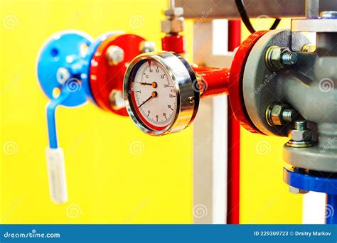 Pressure And Temperature Sensor In The Hot Water System Fragment Of A Modern Boiler Room Close