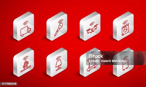 세트 라인 스마트 냉장고 무선 마이크 드론 세탁기 라우터 및 Wifi 신호 트럭 테이블 램프 및 안테나 아이콘 벡터 3차원 형태에 대한 스톡 벡터 아트 및 기타 이미지