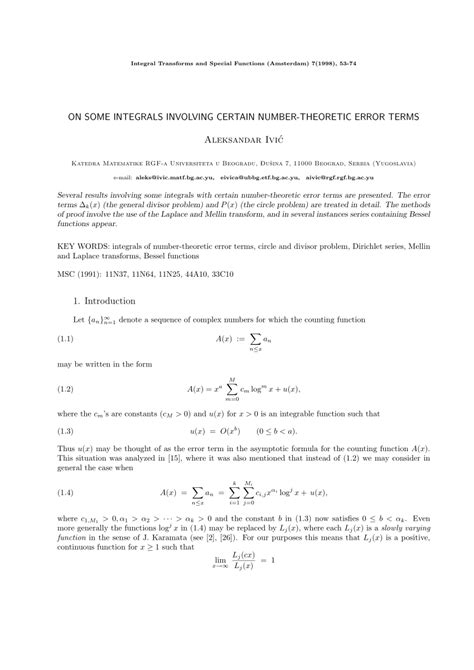 Pdf On Some Integrals Involving Certain Number Theoretic Error Terms