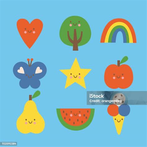 평면 화려한 디자인 스타일 만화 낙서 현대 벡터 일러스트 레이 션 세트 하트 나무 무지개 나비 스타 사과 배 박과 아이스크림 파란색 배경에 고립 개체 그룹에 대한 스톡 벡터