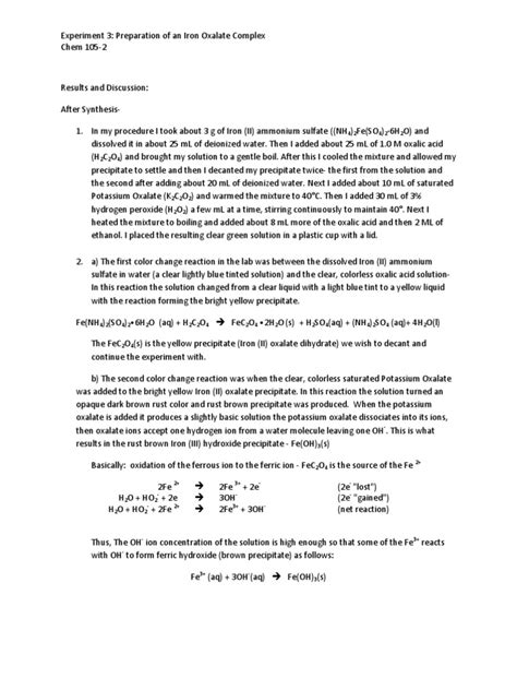 Experiment 3 Preparation Of An Iron Oxalate Complex Post Lab Pdf Hydroxide Rust