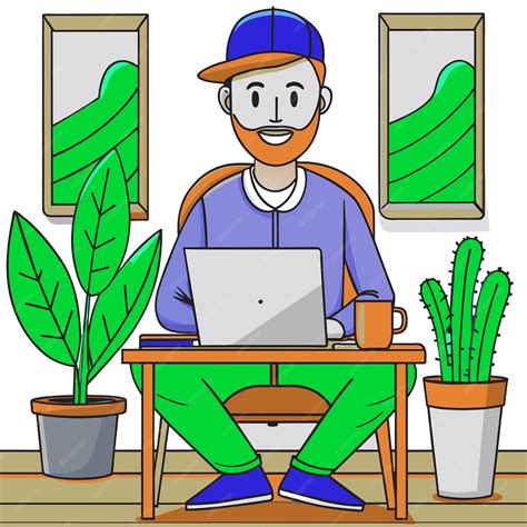 A Cartoon Of A Man Working On A Laptop With A Man Working On A Laptop Premium Ai Generated Vector