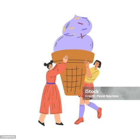 Fastfood 와 여자 특성 나르다 큰 아이스크림 에서 와플 컵 벡터 일러스트 개념에 대한 스톡 벡터 아트 및 기타 이미지