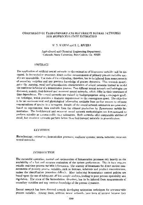 Pdf Comparison Of Feed Forward And Recurrent Neural Networks For Bioprocess State Estimation
