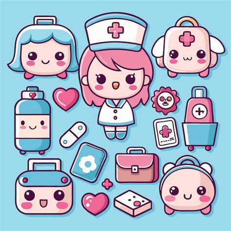 Illustration Of A Cute Cartoon Nurse And Medical Equipment With Kawaii