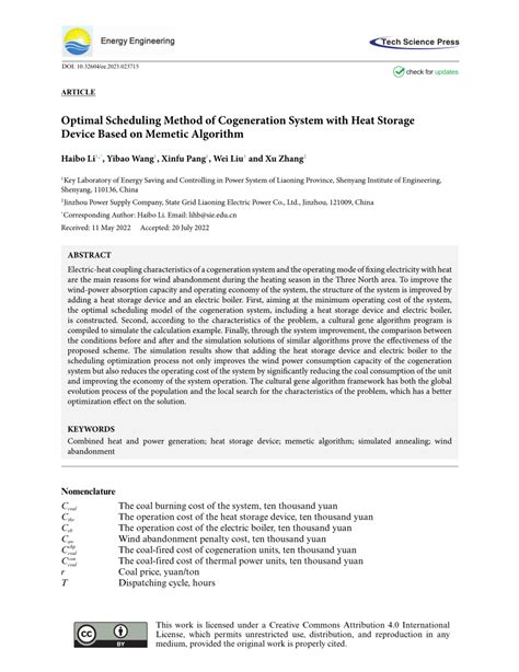 Pdf Optimal Scheduling Method Of Cogeneration System With Heat Storage Device Based On Memetic