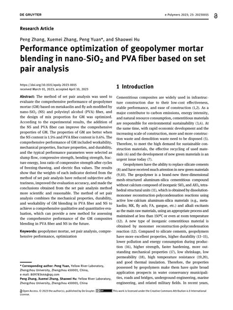 Pdf Performance Optimization Of Geopolymer Mortar Blending In Nano Sio2 And Pva Fiber Based On