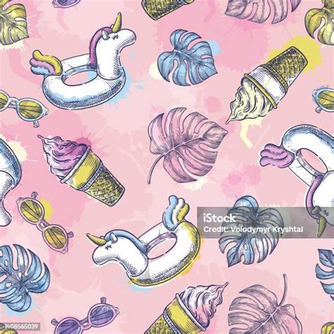 여름 패턴 유니콘 수영장 장난감 나뭇잎 핑크 배경에 아이스크림 벡터 손으로 그린 스케치 일러스트레이션입니다 공기 주입에 대한 스톡 벡터 아트 및 기타 이미지 Istock