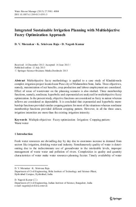Pdf Integrated Sustainable Irrigation Planning With Multiobjective Fuzzy Optimization Approach