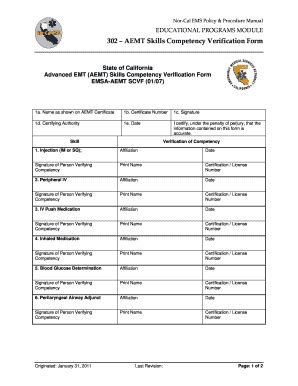 Fillable Online Norcalems AEMT Skills Competency Verification Form Nor Cal EMS Norcalems