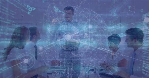 Animation Of Computer Language Globe And Dots Over Caucasian Man Briefing Project To Coworkers