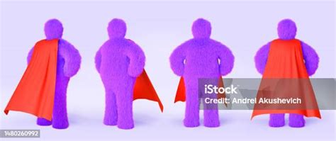 빨간 망토 앞면 측면 및 뒷면 보기 3d 렌더링을 입은 슈퍼히어로 설인 Sasquatch 만화 캐릭터 영웅 포즈에 망토를 가진