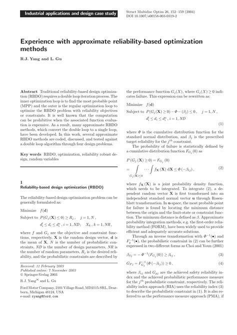 Pdf Experience With Approximate Reliability Based Optimization Methods