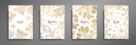 열매와 카드 디자인의 골드 컬렉션입니다 빈티지 골드 프레임 익은 삽화건포도 구 기 딸기 로즈 힙 열매 자연 및 유기 제품을 위한 좋은 디자인 수확에 대한 스톡 벡터 아트 및