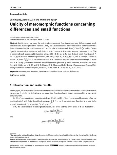 Pdf Unicity Of Meromorphic Functions Concerning Differences And Small