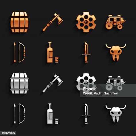 세트 위스키 병과 유리 서부 역마차 버팔로 해골 군용 칼 화살통에 활 화살 리볼버 실린더 나무 배럴 및 토마호크 도끼 아이콘 벡터 검은색에 대한 스톡 벡터 아트 및 기타