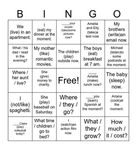 Present Simple Vs Present Continuous Bingo Card
