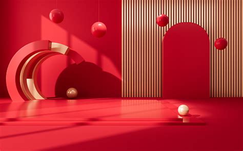 빨간색 기하학적 인테리어 건축과 빈 무대 전자 상거래 배경 3d 렌더링 받침대에 대한 스톡 사진 및 기타 이미지 받침대 빨강 아치 건축적 특징 Istock