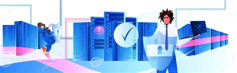 Engineers Using Laptop Database Server Protection Big Data Privacy Security Concept Horizontal