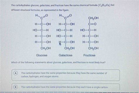 Solved The Carbohydrates Glucose Galactose And Fructose Have The Same Chemical Formula C 6h