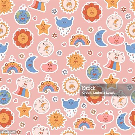 만화 날씨 캐릭터가 있는 그루비 매끄러운 패턴 귀여운 태양 달 구름 무지개 분홍색 배경에 심장이 있는 별 벽지 디자인 섬유 포장 장식에 대 한 벡터 일러스트 레이 션