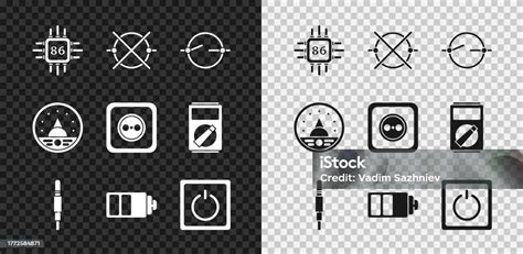 Set Processor With Microcircuits Cpu Electric Scheme Audio Jack Battery Charge Level Indicator